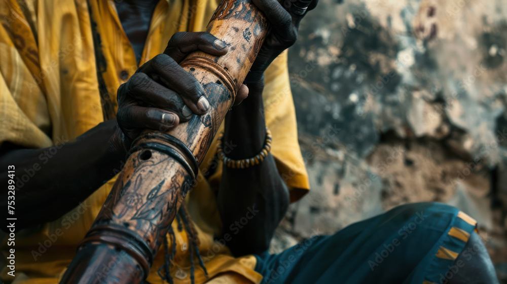 Macro close-up illustration of an ancient wind instrument and a member ...