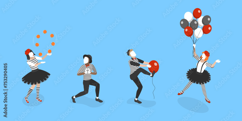 Poster 3D Isometric Flat Vector Set of Mime Characters, Pantomime ...