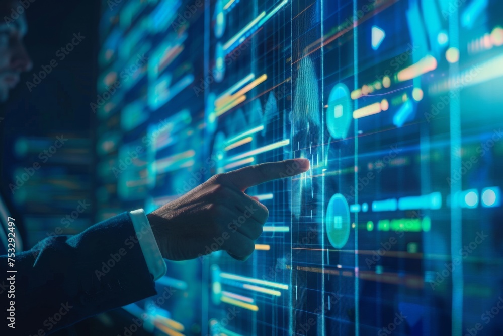 Businessman shows schedule plan management graph chart in online ...