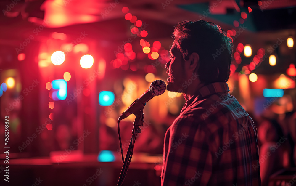 A comedian performs a stand-up routine in a nightclub. The dramatic red ...