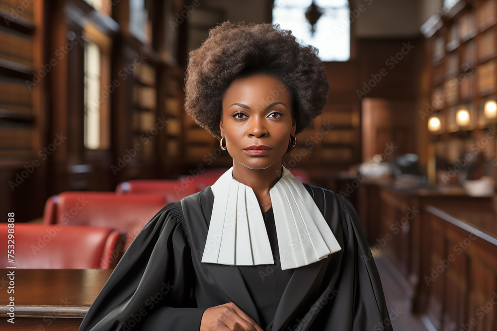 An afro woman judge in a courtroom, wearing a robe, symbolizing justice ...