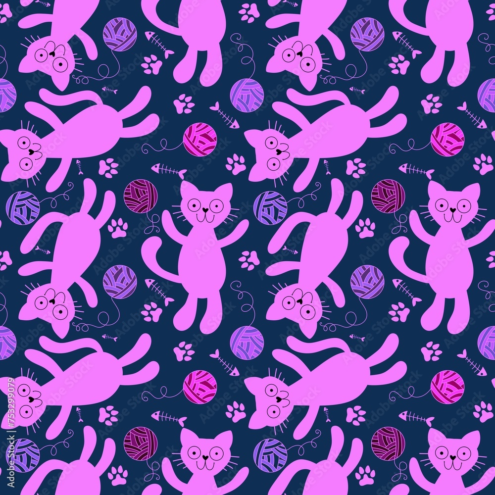 Cartoon animals accessories seamless cats and ball of threads and fish ...