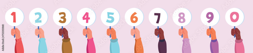 Vector illustration of hands holding number plates. Cartoon scene of ...