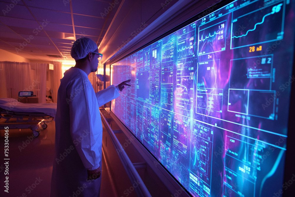 a healthcare professional reviewing patient data on a transparent ...