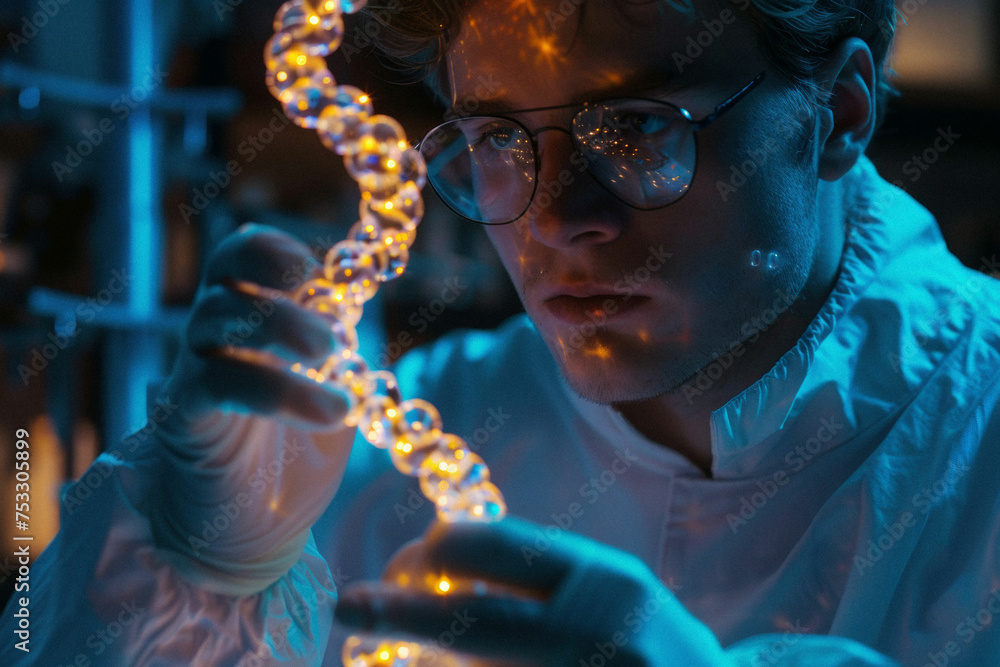 a genetic researcher with a 3d model of a dna strand that glows as they ...