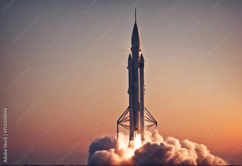 The image shows a rocket taking off into the sky. It depicts a Rocket ...