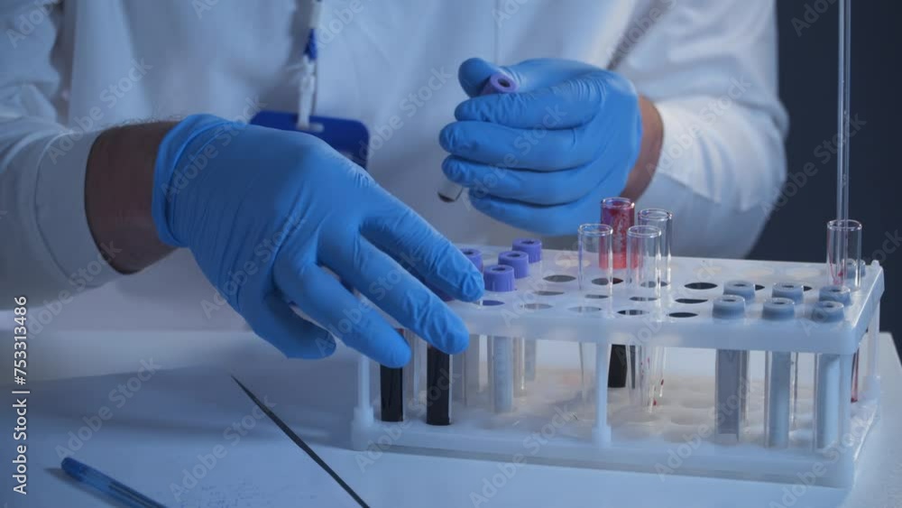 Health care worker with blood test tubes in clinical laboratory ...