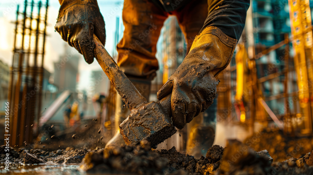 Construction worker shoveling concrete Stock Photo | Adobe Stock