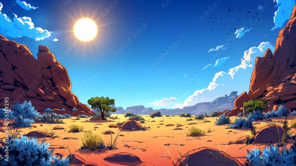 Cartoon landscape animation with dessert background in daytime ...