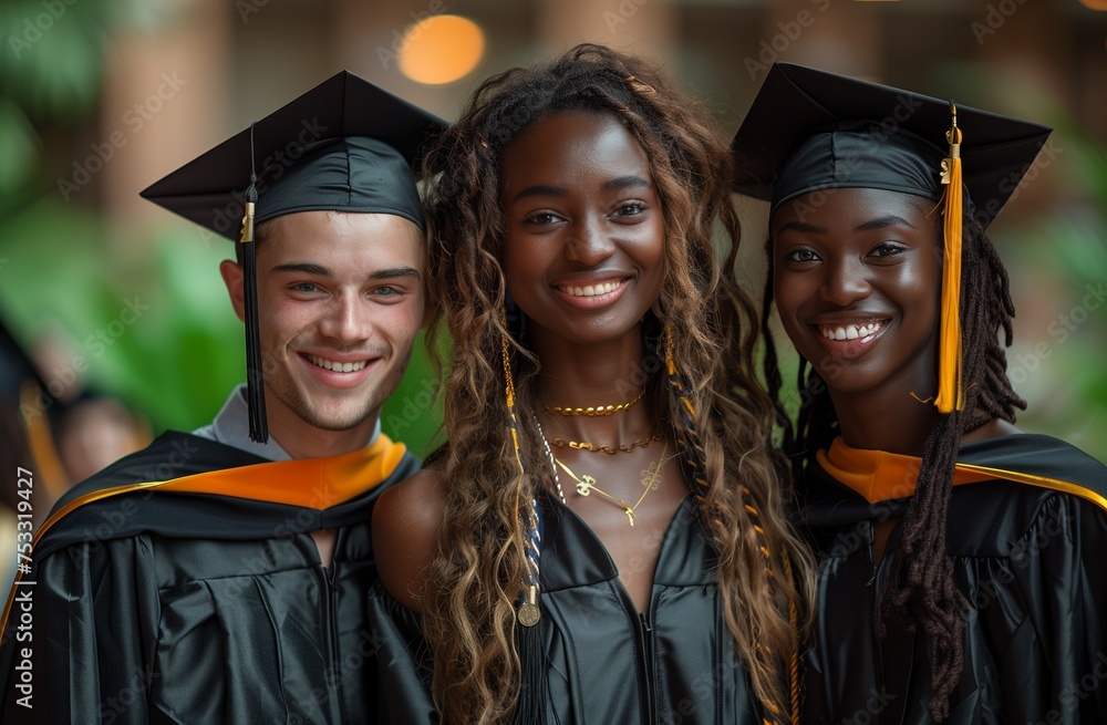 Three graduates in academic dress and mortarboards posing happily for a ...