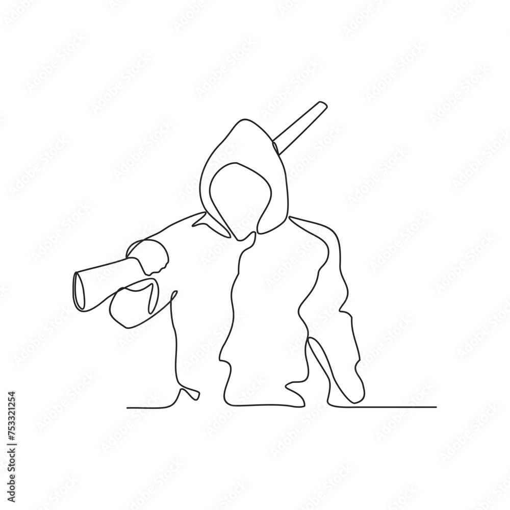 One continuous line drawing of a hunter is hunting animals in the ...