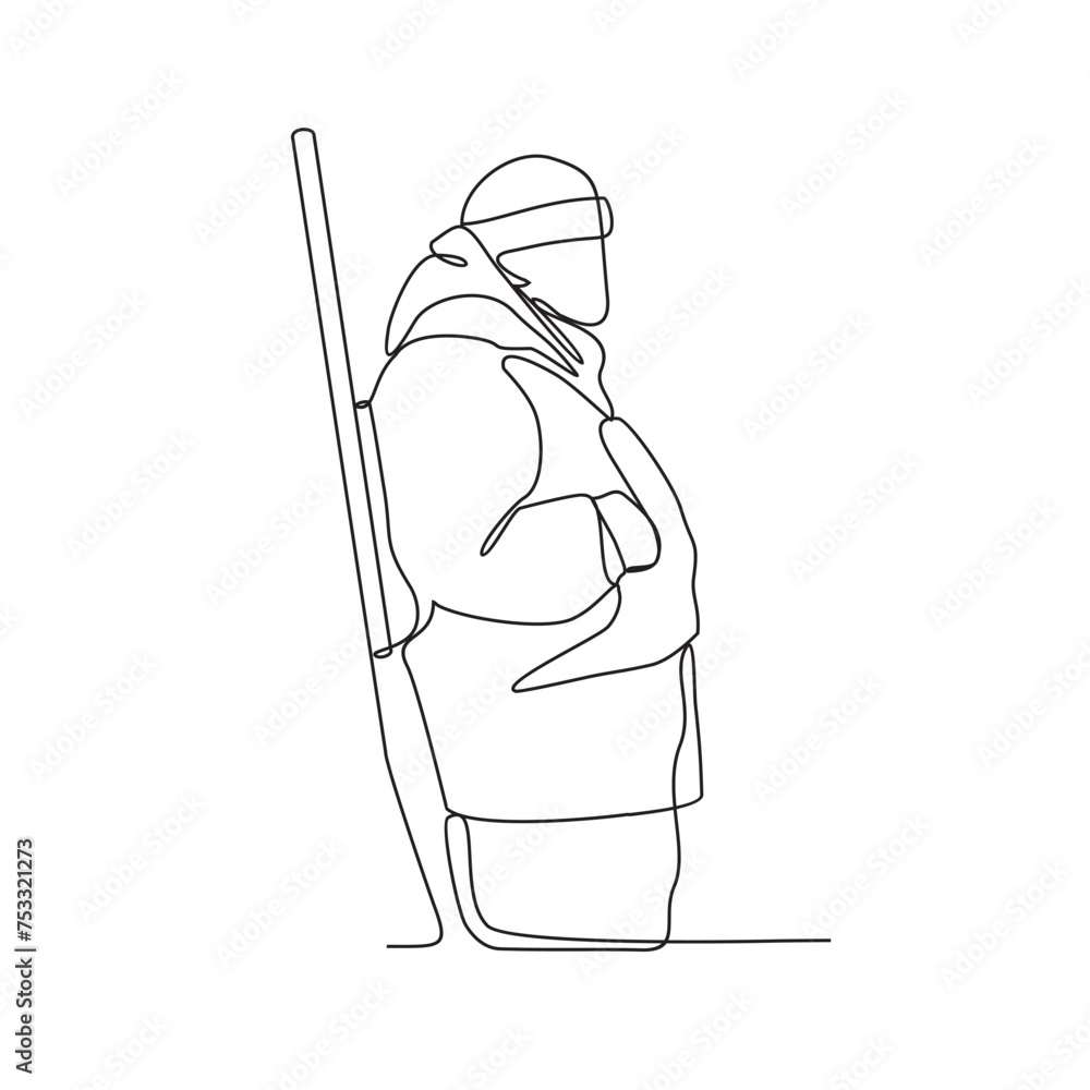 One continuous line drawing of a hunter is hunting animals in the ...