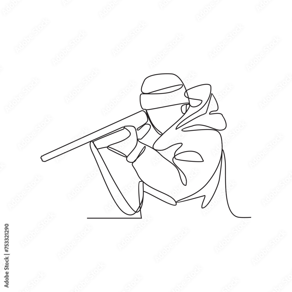 One continuous line drawing of a hunter is hunting animals in the ...
