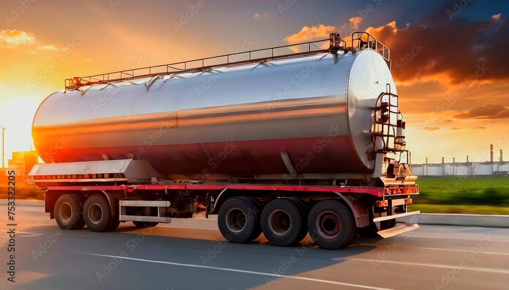 big metal fuel tanker truck in motion shipping fuel to oil refinery ...