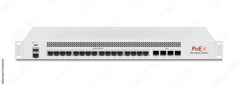 Professional network industrial gigabit switch isolated on white ...