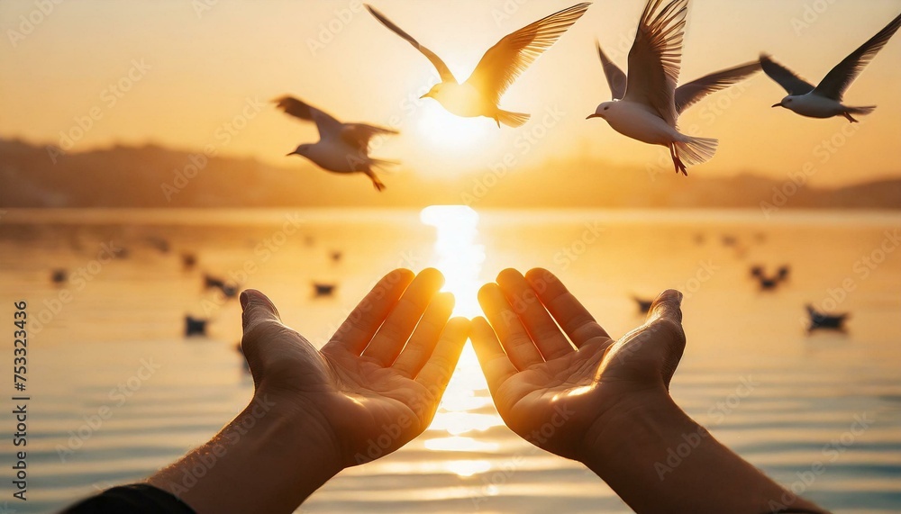Hands open palm up worship with birds flying over calm water sunset ...