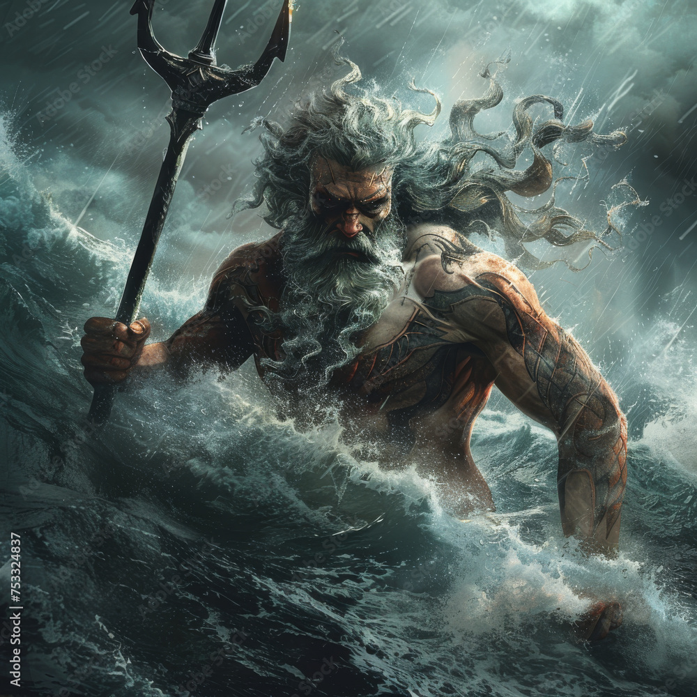 Realistic Greek god Poseidon with dramatic and wrathful look holding ...