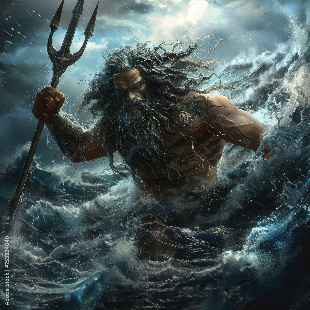 Realistic Greek god Poseidon with dramatic and wrathful look holding ...