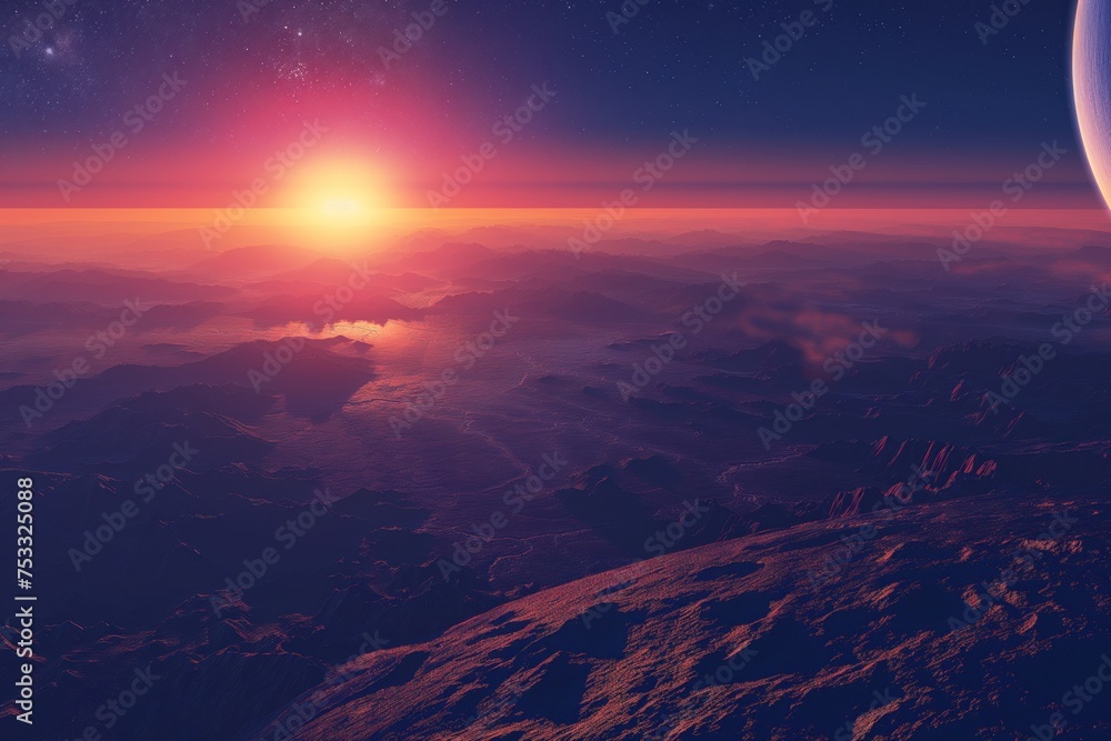 the first light of dawn creeping over the horizon of an alien planet ...