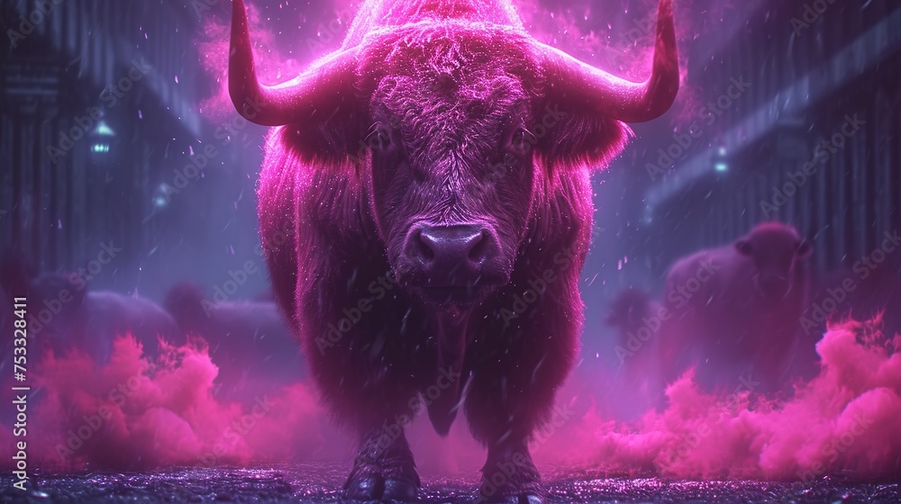 cinematic, feminine, dark scene, hdr, in focus, sharp, big pink bull ...