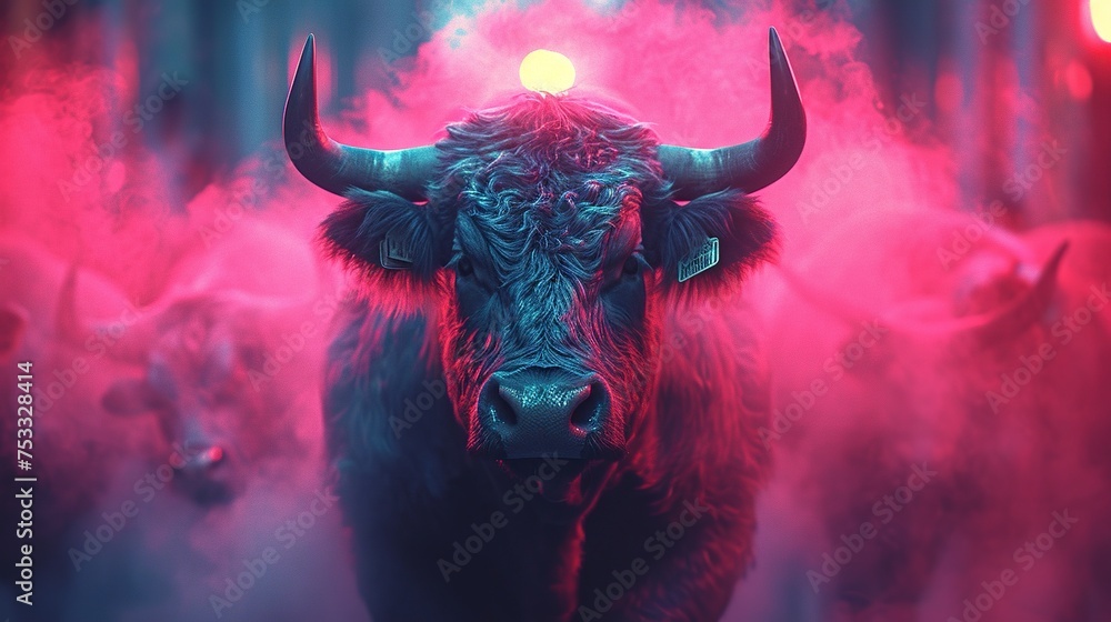 cinematic, feminine, dark scene, hdr, in focus, sharp, big pink bull ...