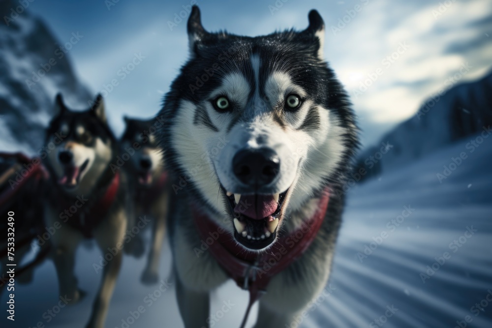 Frozen journey, person with sled of dogs traverses snowy antarctica, an ...