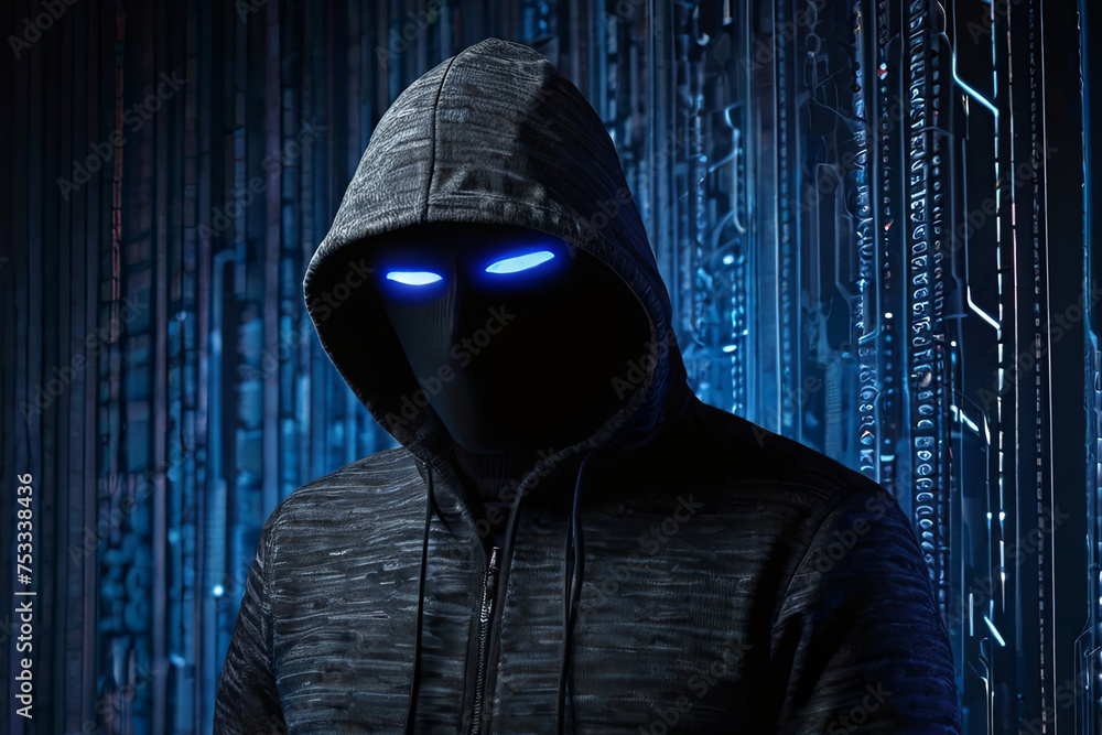 Cybercriminal disguised amidst digitally enhanced backdrop, hacking in secrecy. Conceptual image ...