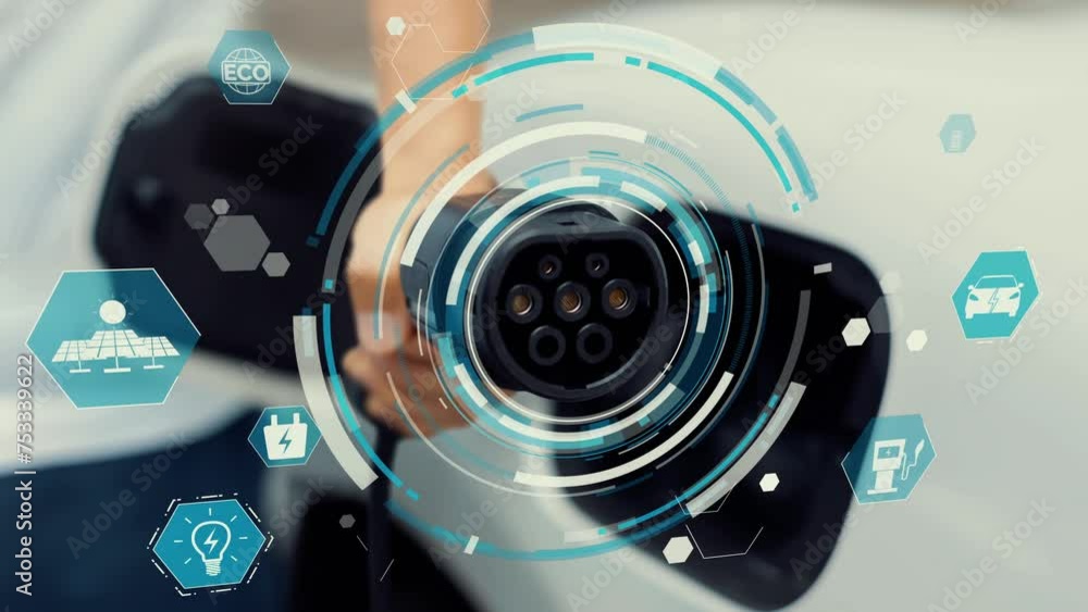 Focus EV charger pointing in front of camera display futuristic eco ...