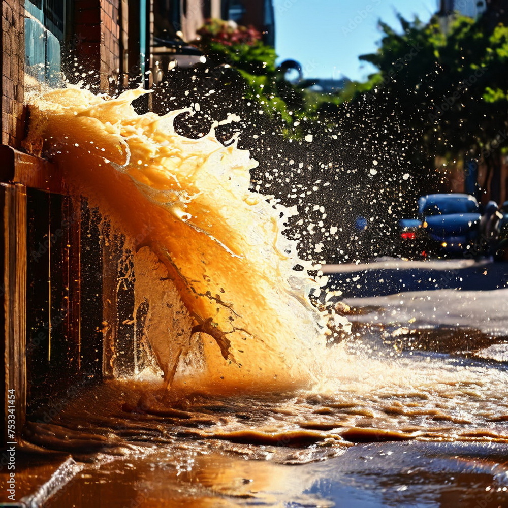 A burst water supply pipe on a city street. Rusty water flows from the ...