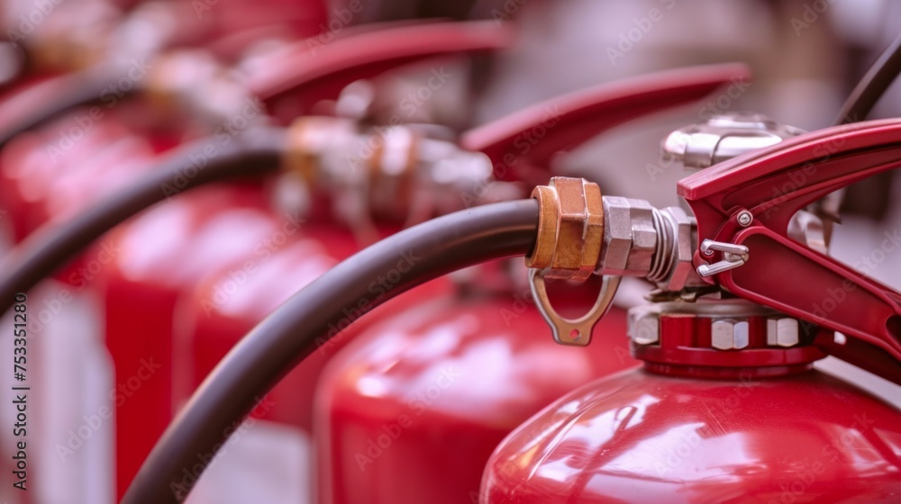 Red tank of fire extinguisher. Overview of a powerful industrial fire ...