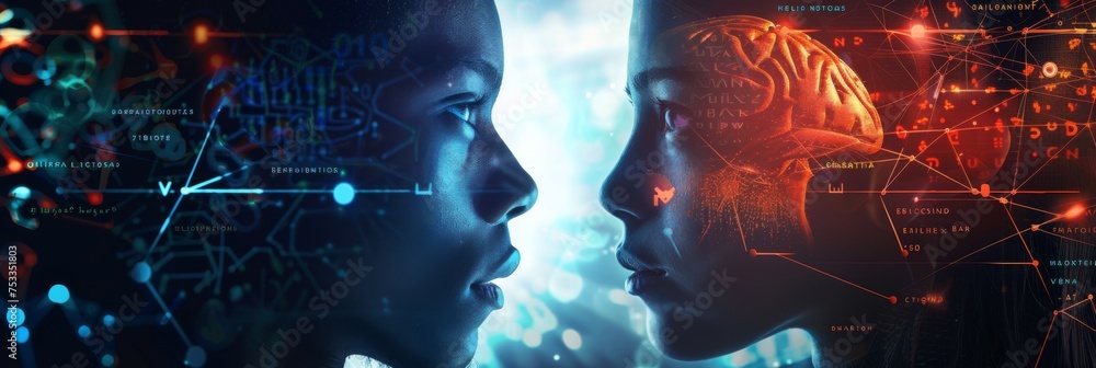 Face outline with digital brain and codes - Silhouette of a human face ...