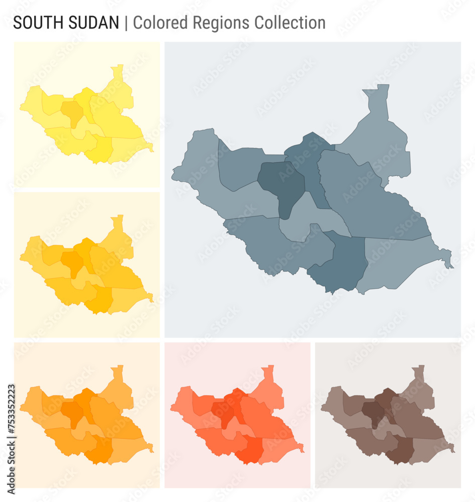 South Sudan map collection. Country shape with colored regions. Blue ...