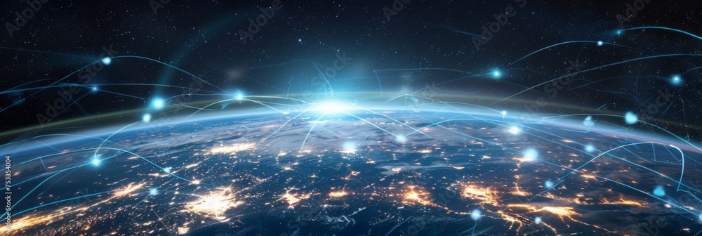 Glowing network connections over Earth - Digital representation of a ...