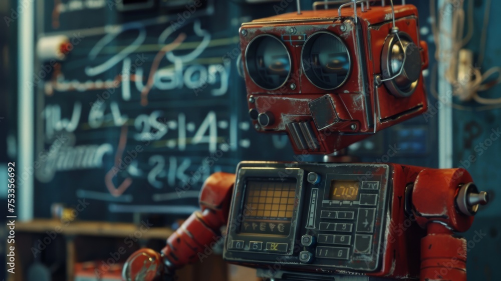 Vintage robot toy in front of chalkboard - An old-fashioned robot toy ...