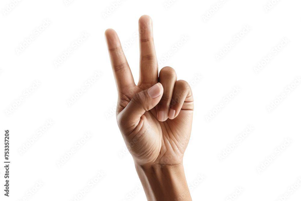 Hand making the peace sign salute, skin tone medium, fingers spread in ...