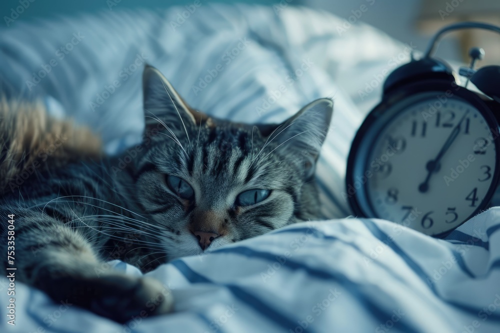 Tabby Cat Lounging Next to an Alarm Clock - A relaxed tabby cat naps ...