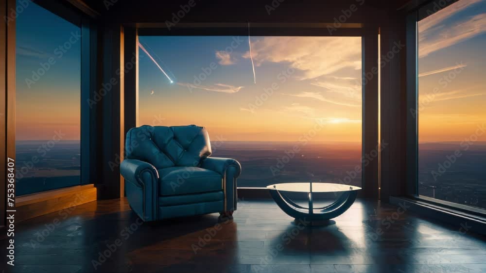 Sunset Lounge: Interior View of Sea from Window with Sofa, Chair, Lamp ...