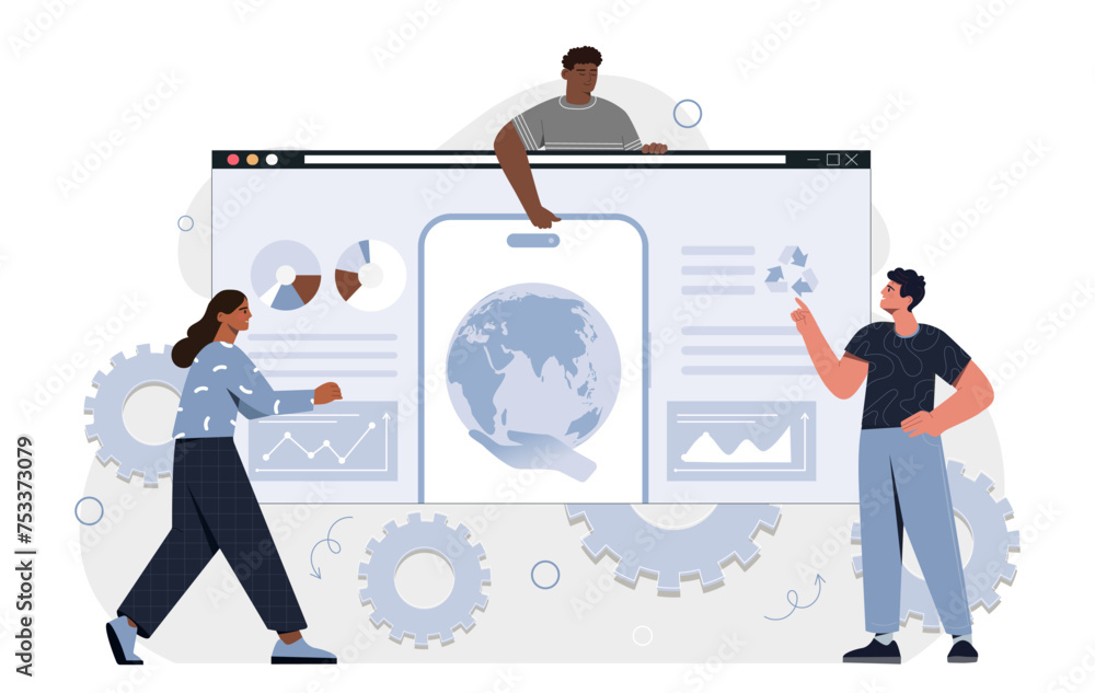 People with presentation concept. Men and woman with UI and UX design ...