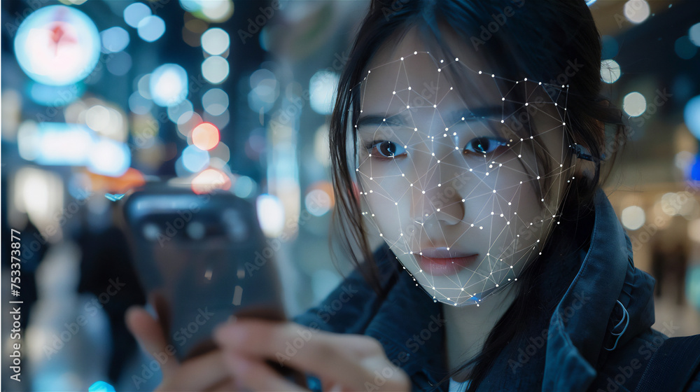 female entrepreneur is scanning her face to open a room door, digital ...