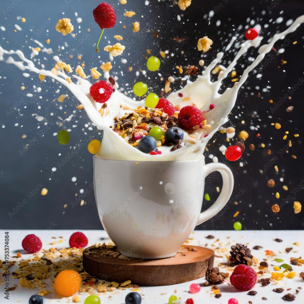 advertisement food photography splash of toppings on a cup of milk ...