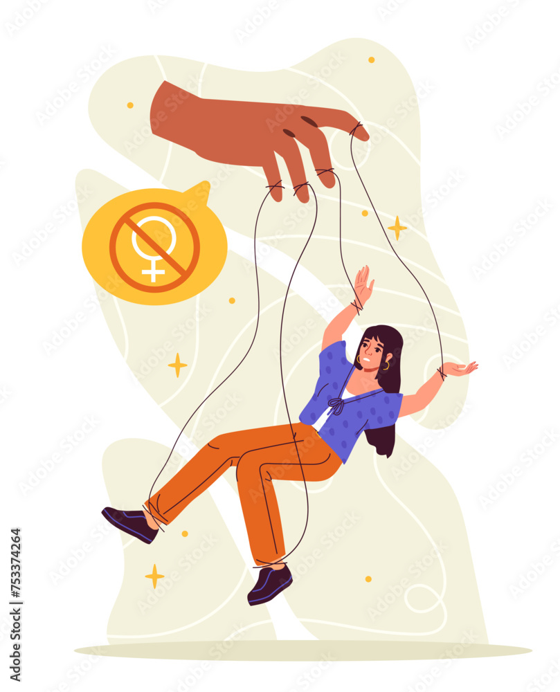 Woman puppet concept. Young girl at strings of hands. Doll with ...