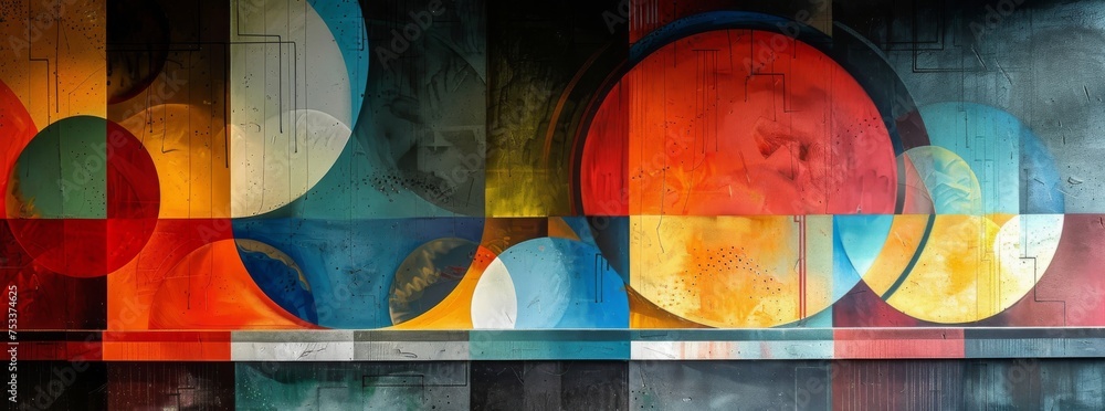 Detailed abstract mural featuring geometric shapes and technical ...