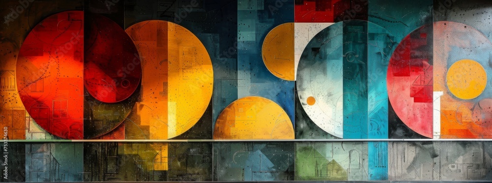 Detailed abstract mural featuring geometric shapes and technical ...