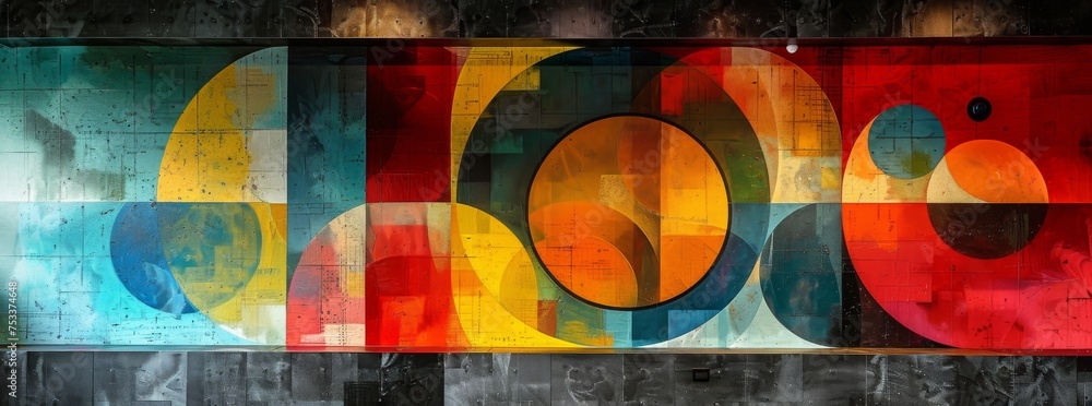 Detailed abstract mural featuring geometric shapes and technical ...