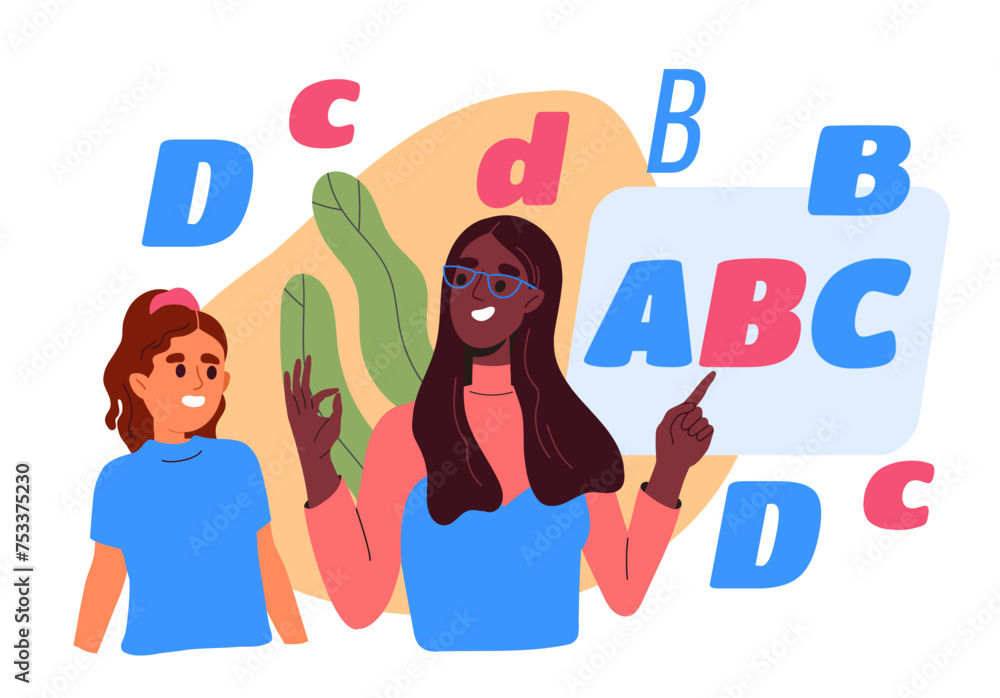 Teaches child alphabet. Woman with girl read letters. Education and ...