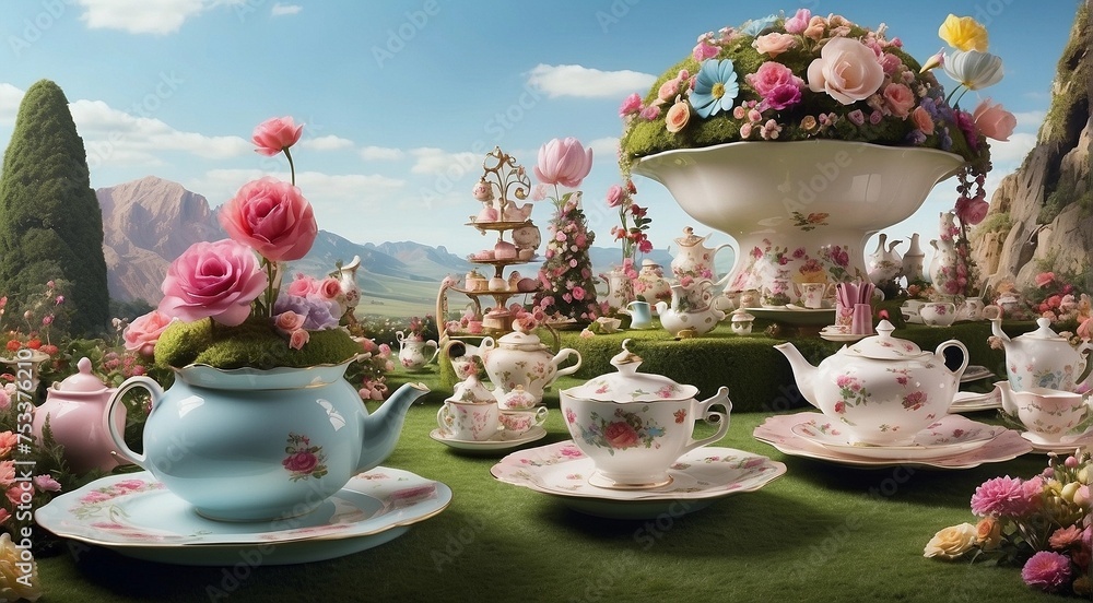 Giant tea party: a Wonderland landscape that features a giant tea party ...