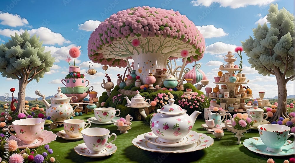 Giant tea party: a Wonderland landscape that features a giant tea party ...