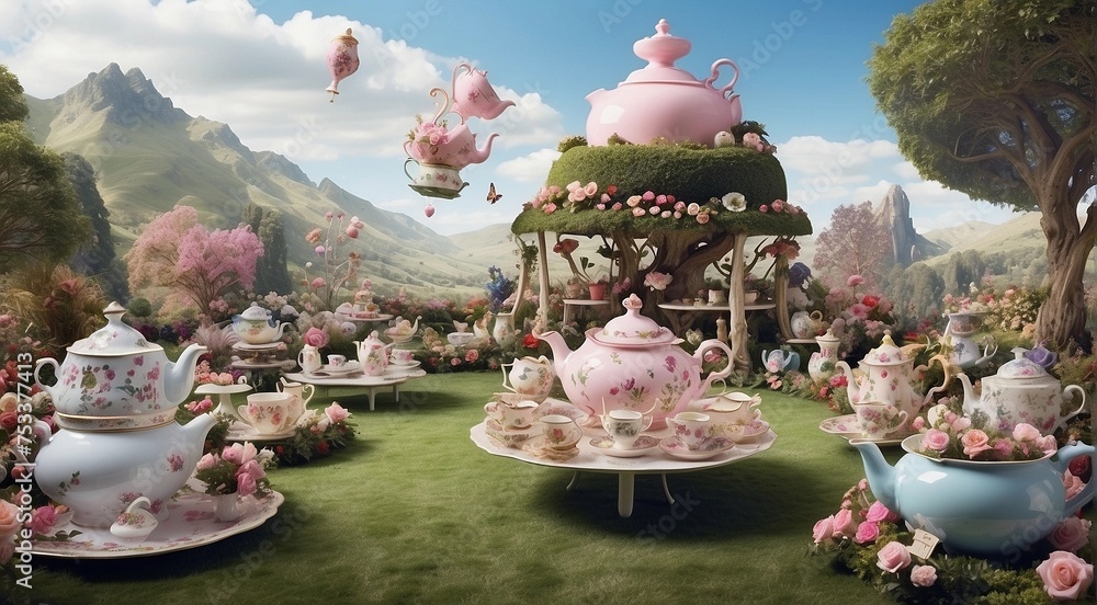 Giant tea party: a Wonderland landscape that features a giant tea party ...