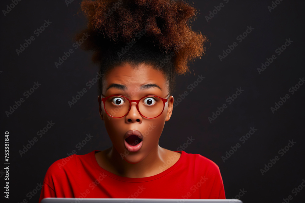 Portrait of stunned gen z African American girl on black studio ...