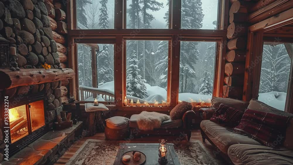 cozy winter weekend in log cabin. winter background with warm cabin and ...